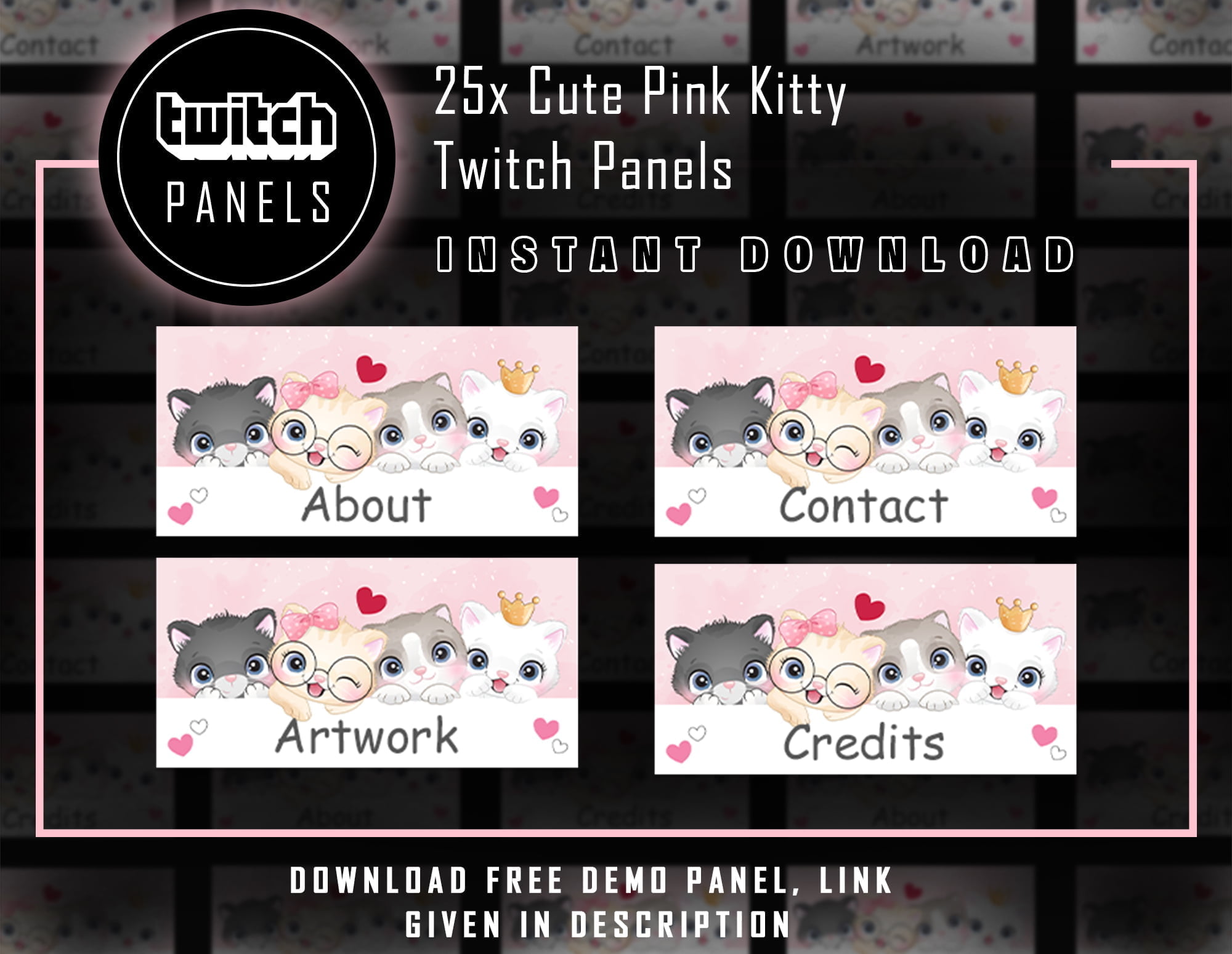Cute Pink Twitch Panels - 25x Cute Kitty Panels for Streamers